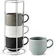 Amazon.com: Hasense Large Coffee Mug Set of 4 with Rack - 15 oz Stacking Ceramic Ribbed Latte ...