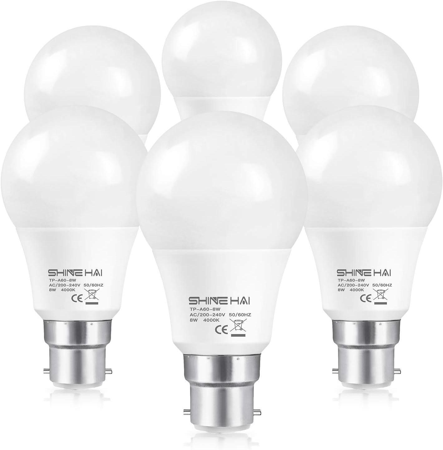 (6 Pack) SHINE HAI B22 LED Bayonet Light Bulbs 60W Equivalent,8W LED ...
