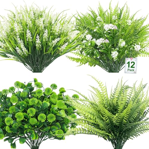 TURNMEON 12 Bundles 4 Styles Fake Plants Artificial Plants Outdoor ...