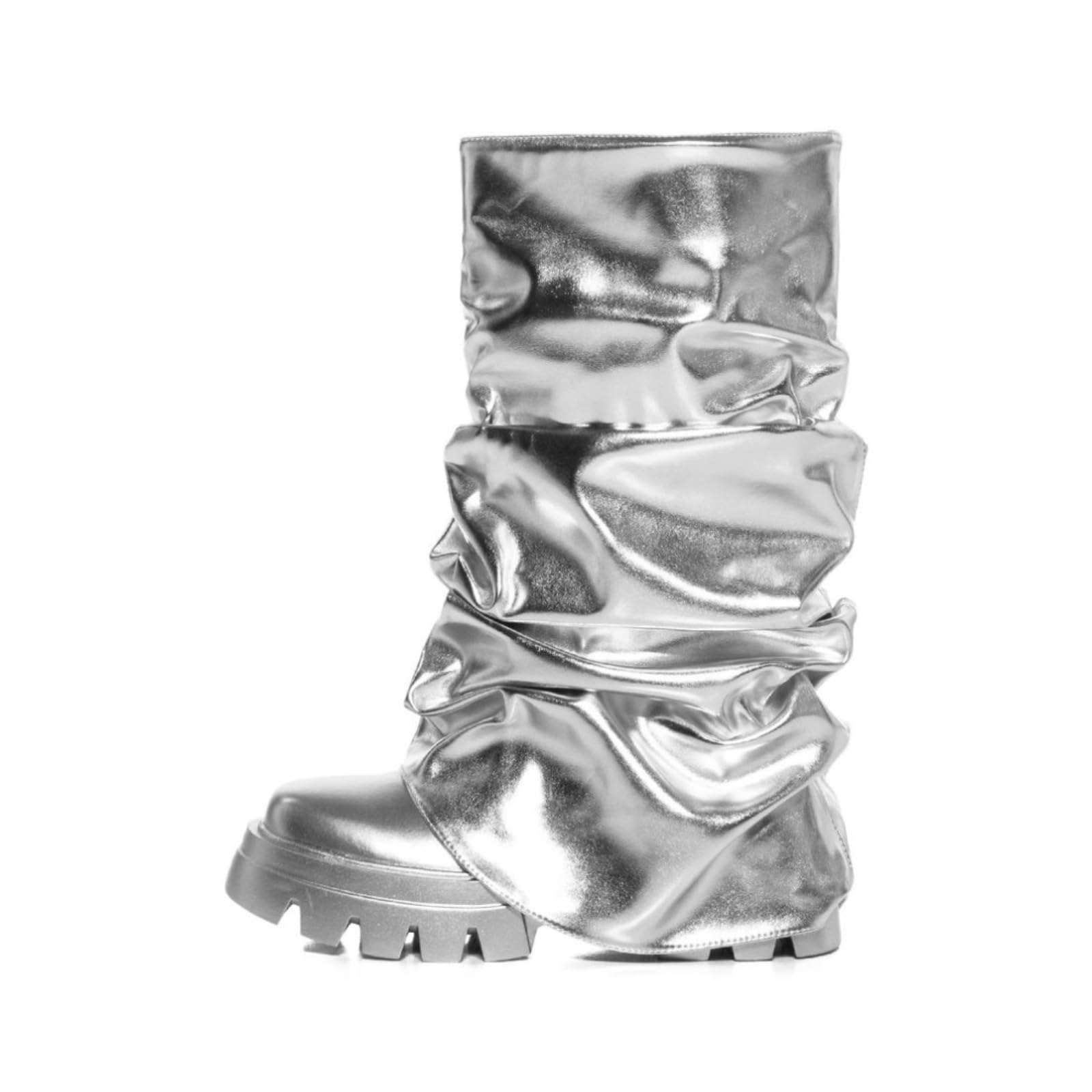 sexytag Silver Metallic Boots Slouchy Foldover Boots for Women Mid Calf ...