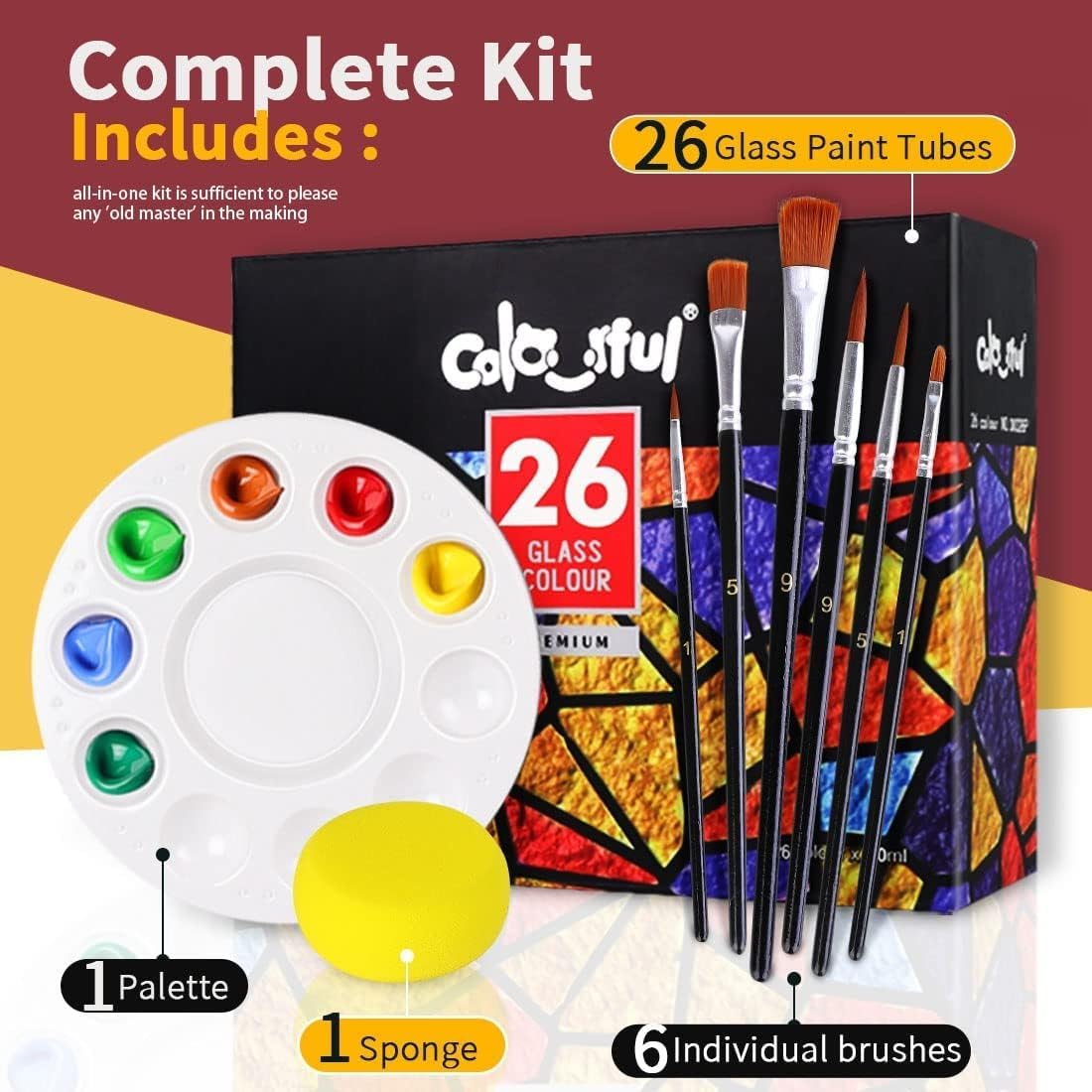 Mua Colorful Stain Glass Paint Set with 6 Brushes, 1 Palette & 1 Sponge ...