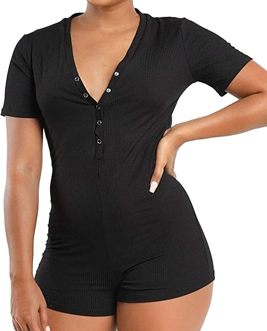 Amazon.com: Womens Solid color Onesies Button Elastic Bodycon Bodysuit ...