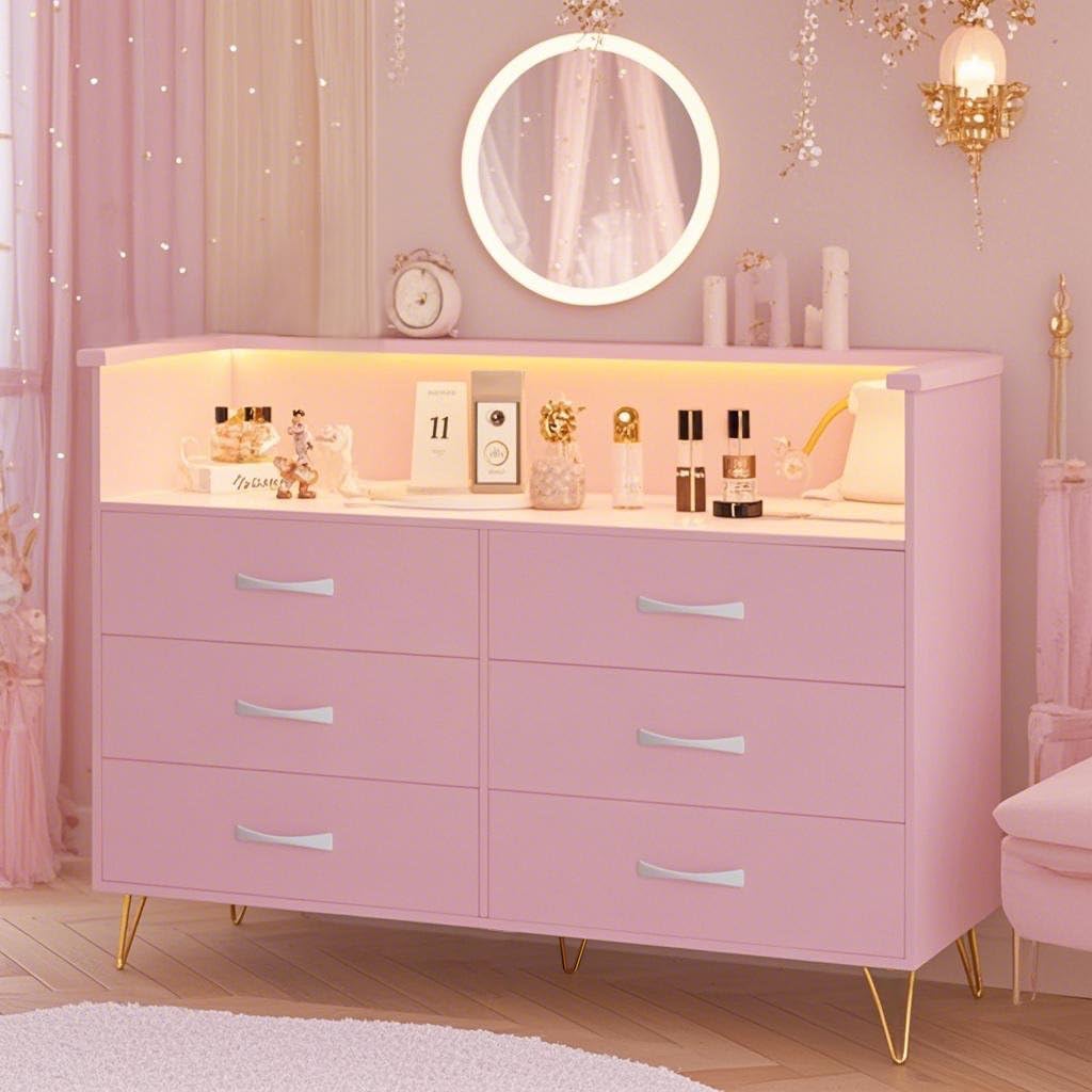 Patikuin Pink Dresser for Bedroom with LED Light & Power Outet, 6 ...