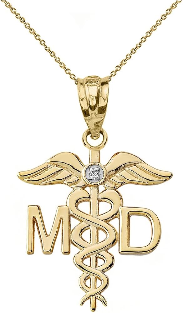 Amazon.com: 14k Yellow Gold Solitaire Diamond Caduceus MD Charm Medical ...