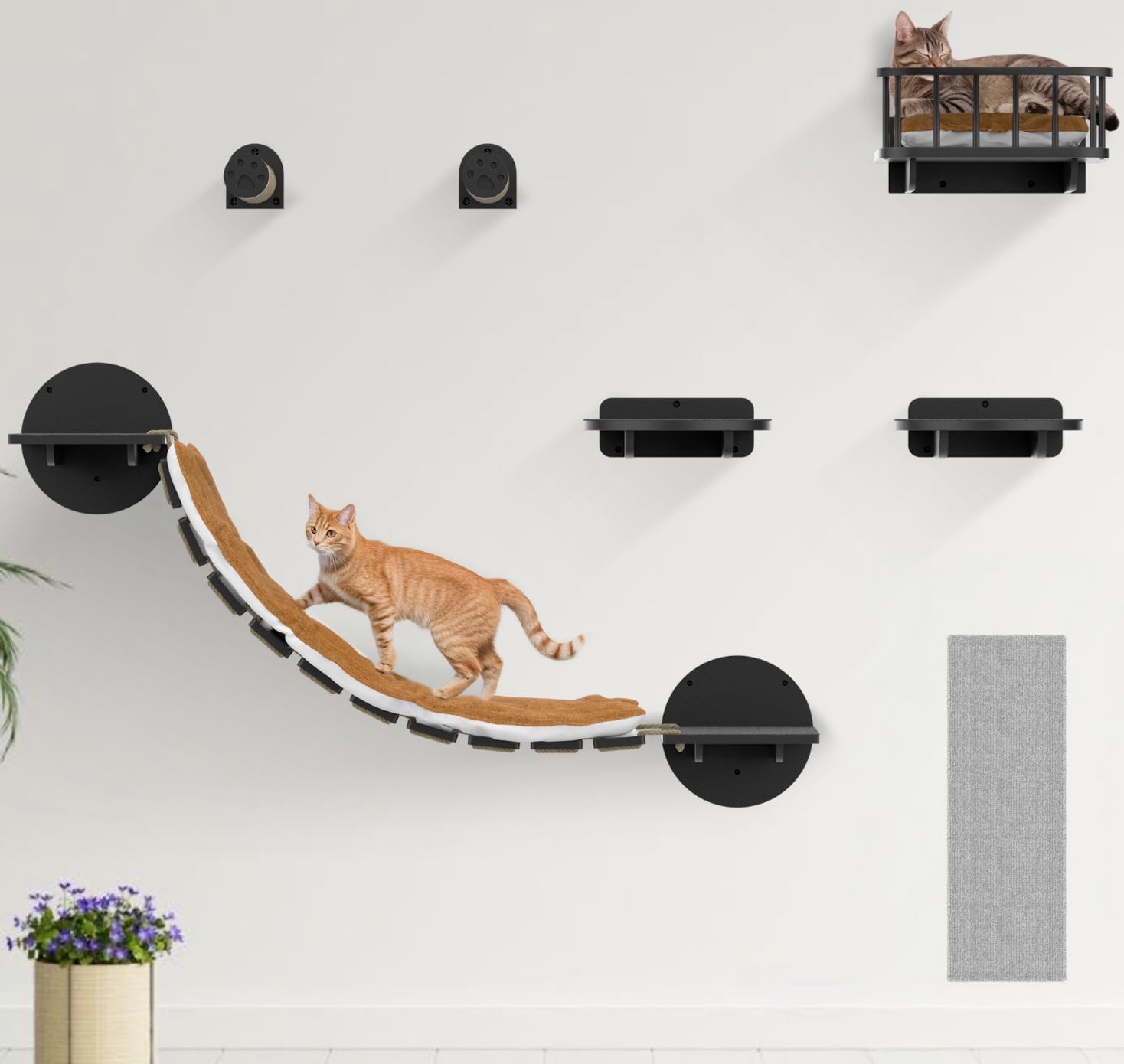 FURRY VIBES Cat Wall Shelves & Perches – 7-in-1 Cat Wall Furniture Set ...