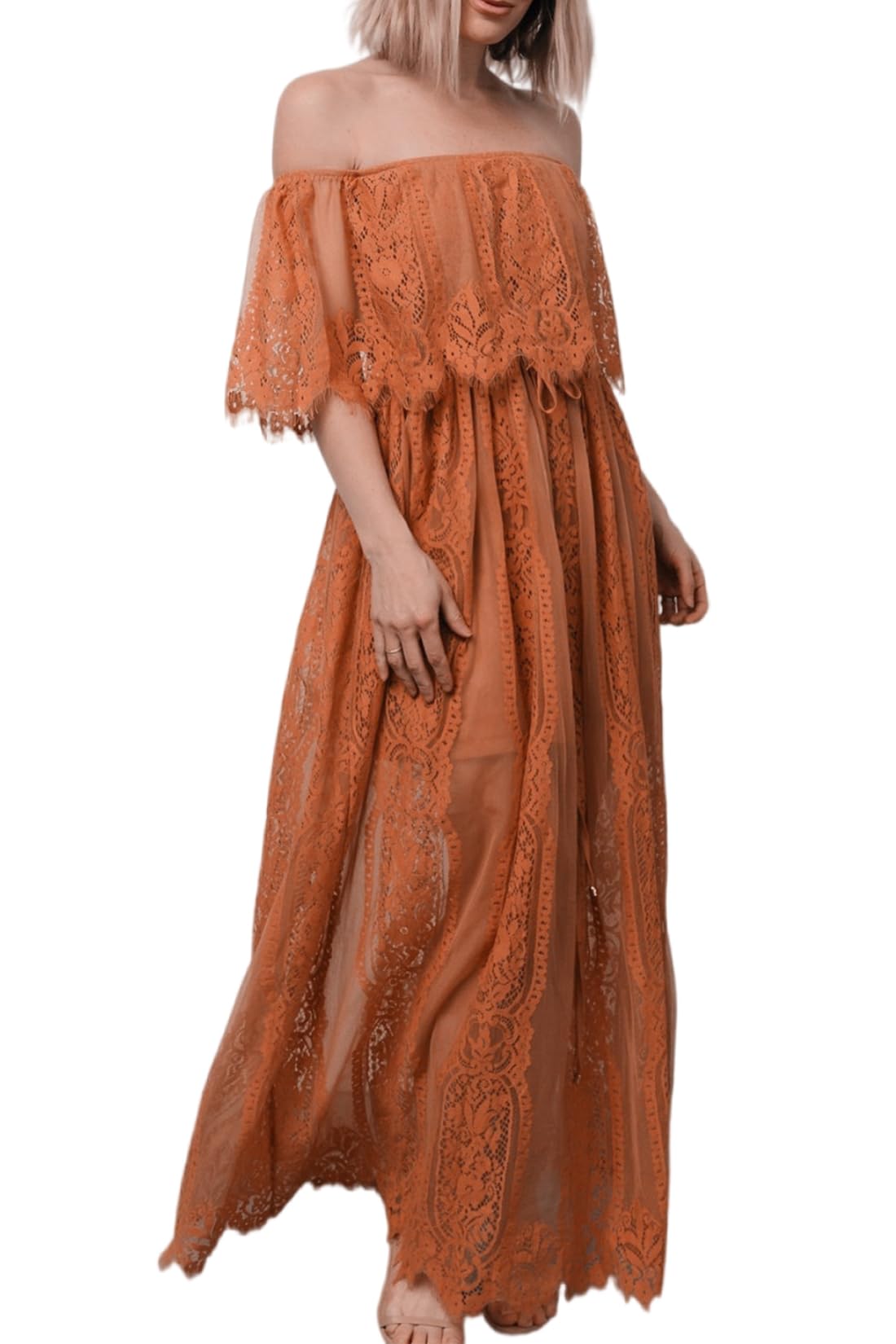 HOYISHION Women's Off The Shoulder Floral Lace Maxi Wedding Dress Boho ...