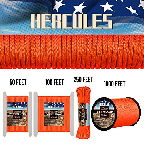 HERCULES Type III Paracord 550 Paracord Rope Parachute Cord, 250' Neon ...