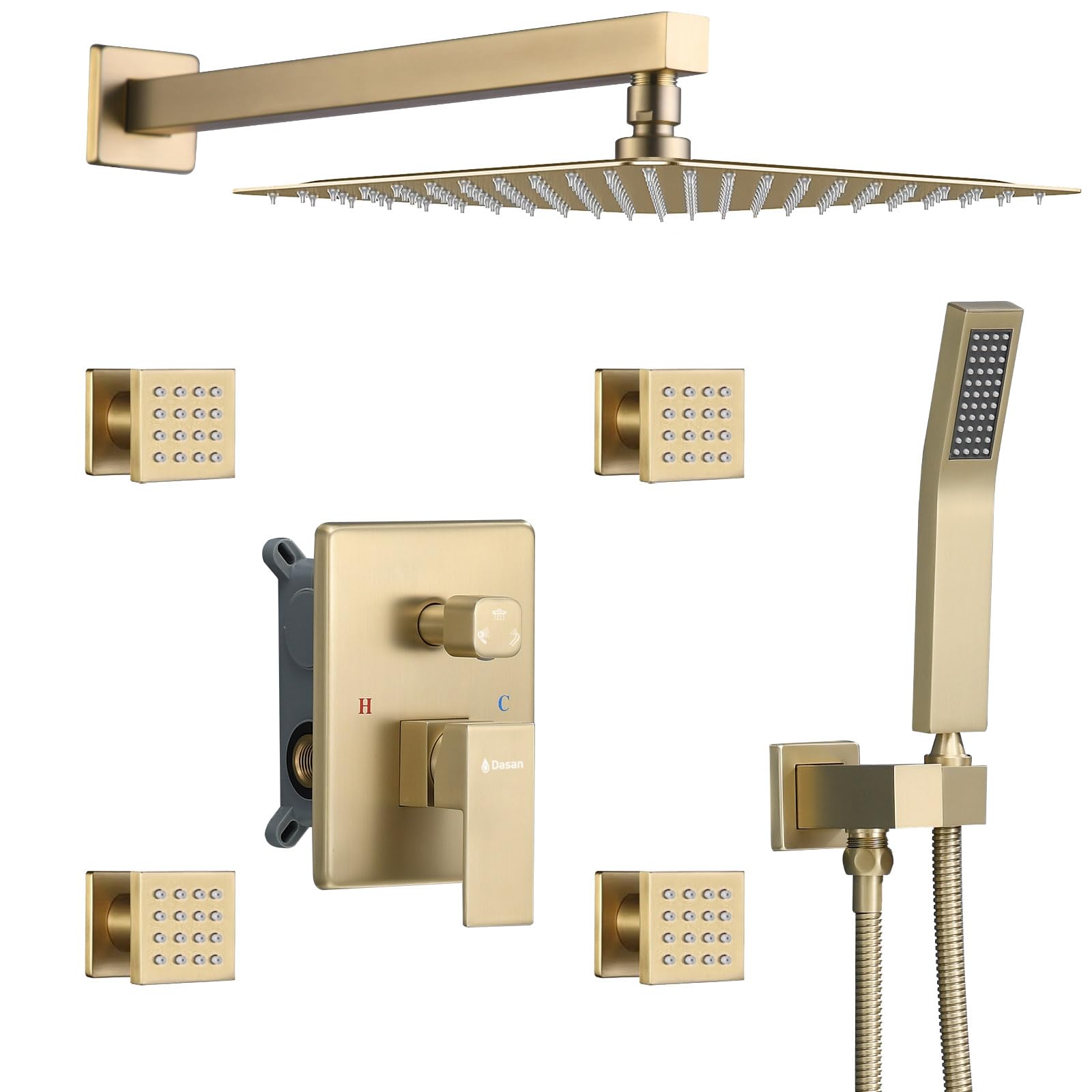 Full Body Rain Shower System with 4 Body Shower Jets & 12’’ Wall Mount Rainfall Shower Head ...