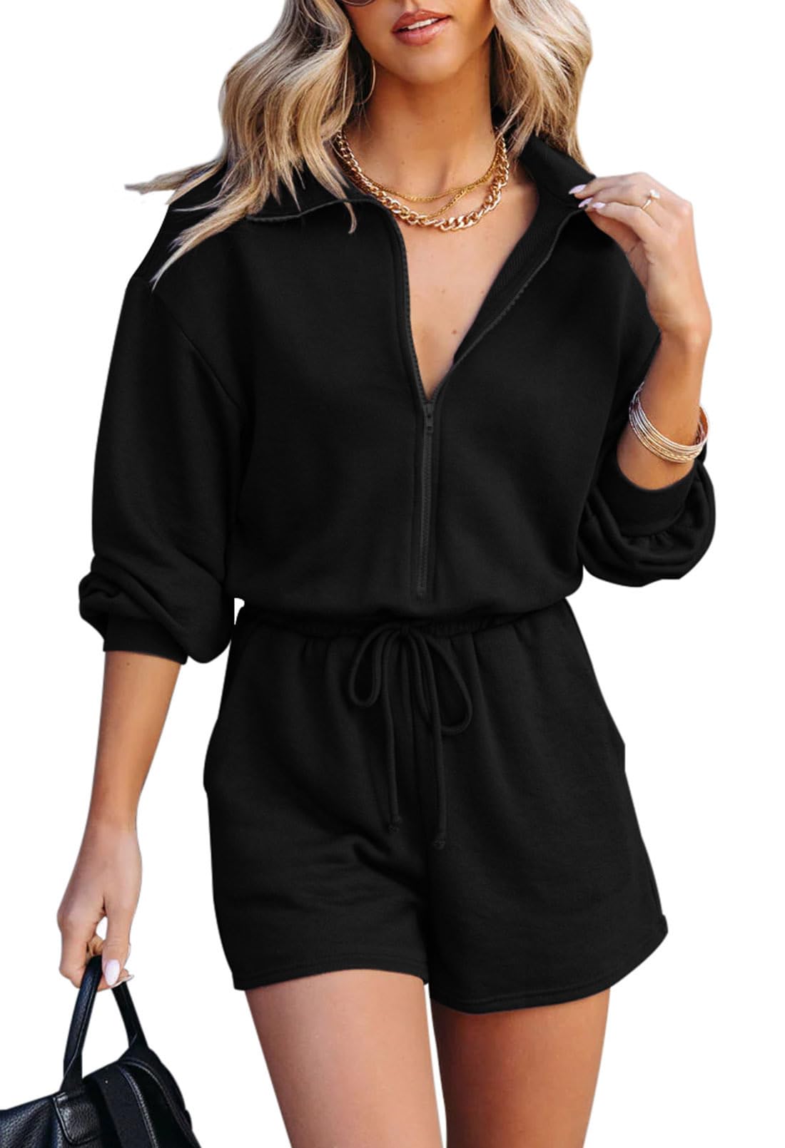 Fixmatti Women Long Sleeve Shorts Romper V Neck Zipper Drawstring Waist ...