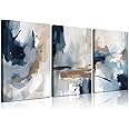 Amazon.com: 3Pcs Framed Navy Blue Wall Art Abstract Modern Brown Watercolor Canvas Posters ...
