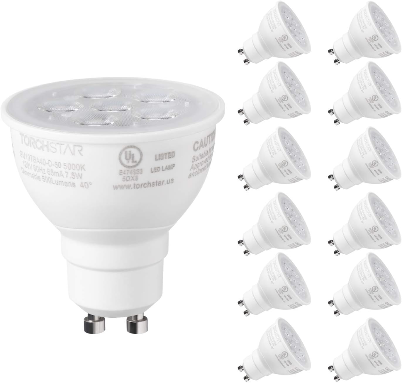 TORCHSTAR 12-Pack MR16 GU10 LED Light Bulb, Dimmable Spot Light, 7.5W (75W Eqv.), Energy Star ...