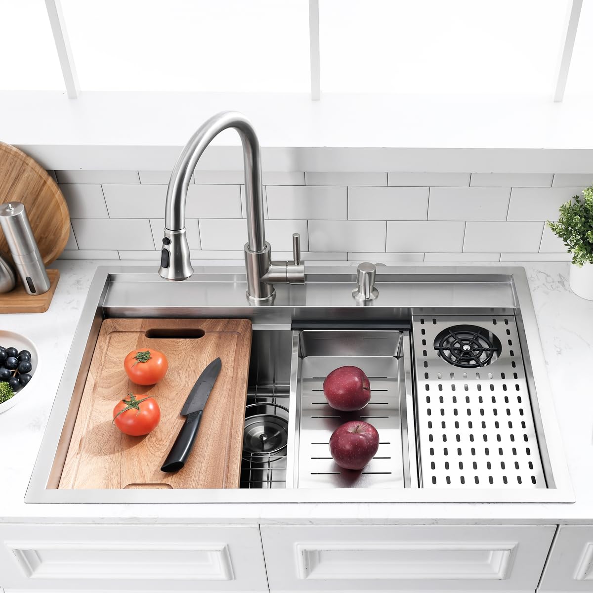 33 Inch Drop In Kitchen Sink Workstation With Glass Rinser -VOKIM 33x22 ...
