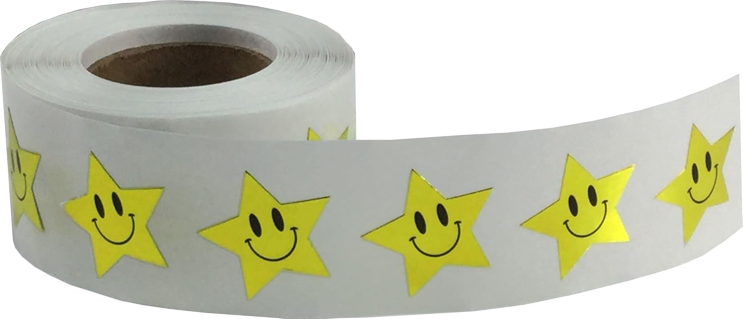 Metallic Gold Happy Face Star Stickers, 19 mm 3/4 Inch Shiny Labels 500 ...