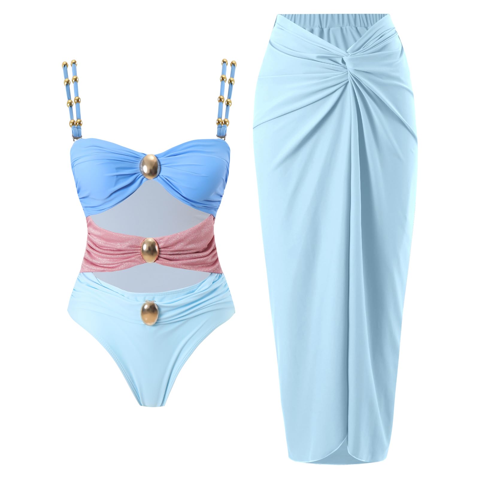 YUNIDMEIM Women's One Piece Swimsuit with Cover up Set Beach Wrap Skirt ...
