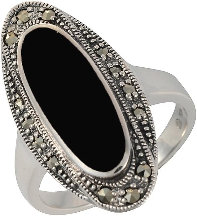 Esse Marcasite Ring Sterling-Silber 925 ovaler schwarzer Onyx Markasit ...