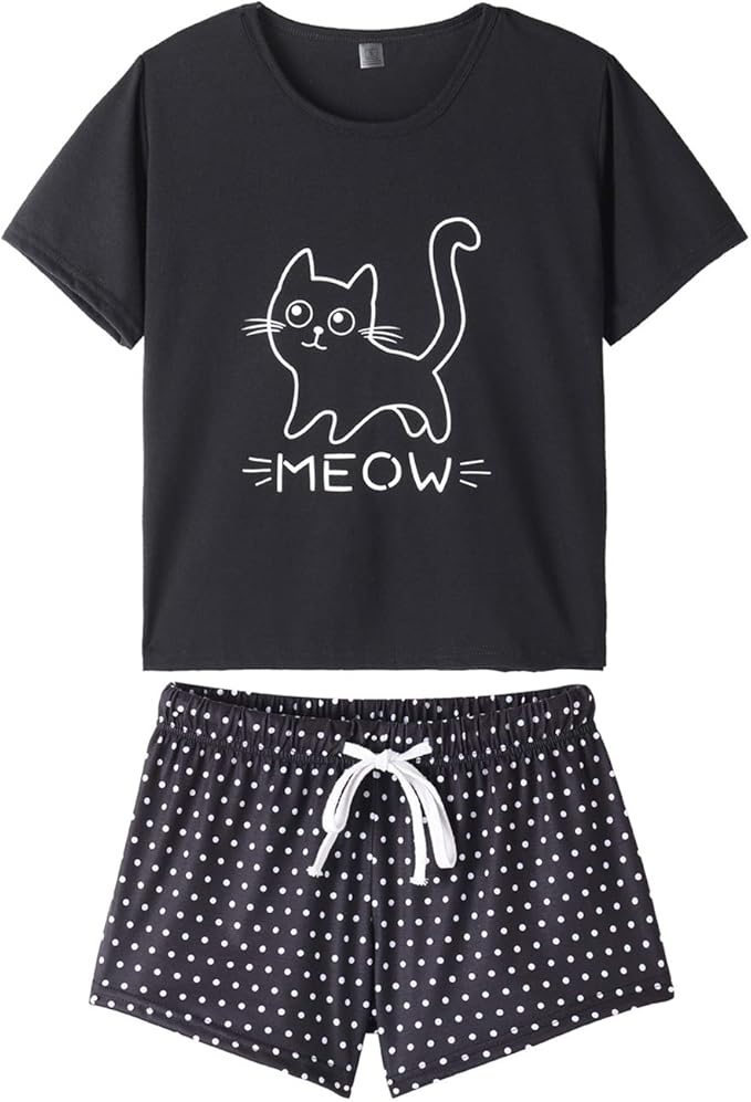 MyFav Summer Pyjamas for Women 2 Piece Cute Cat Sleepwear Pyjama Sleep ...