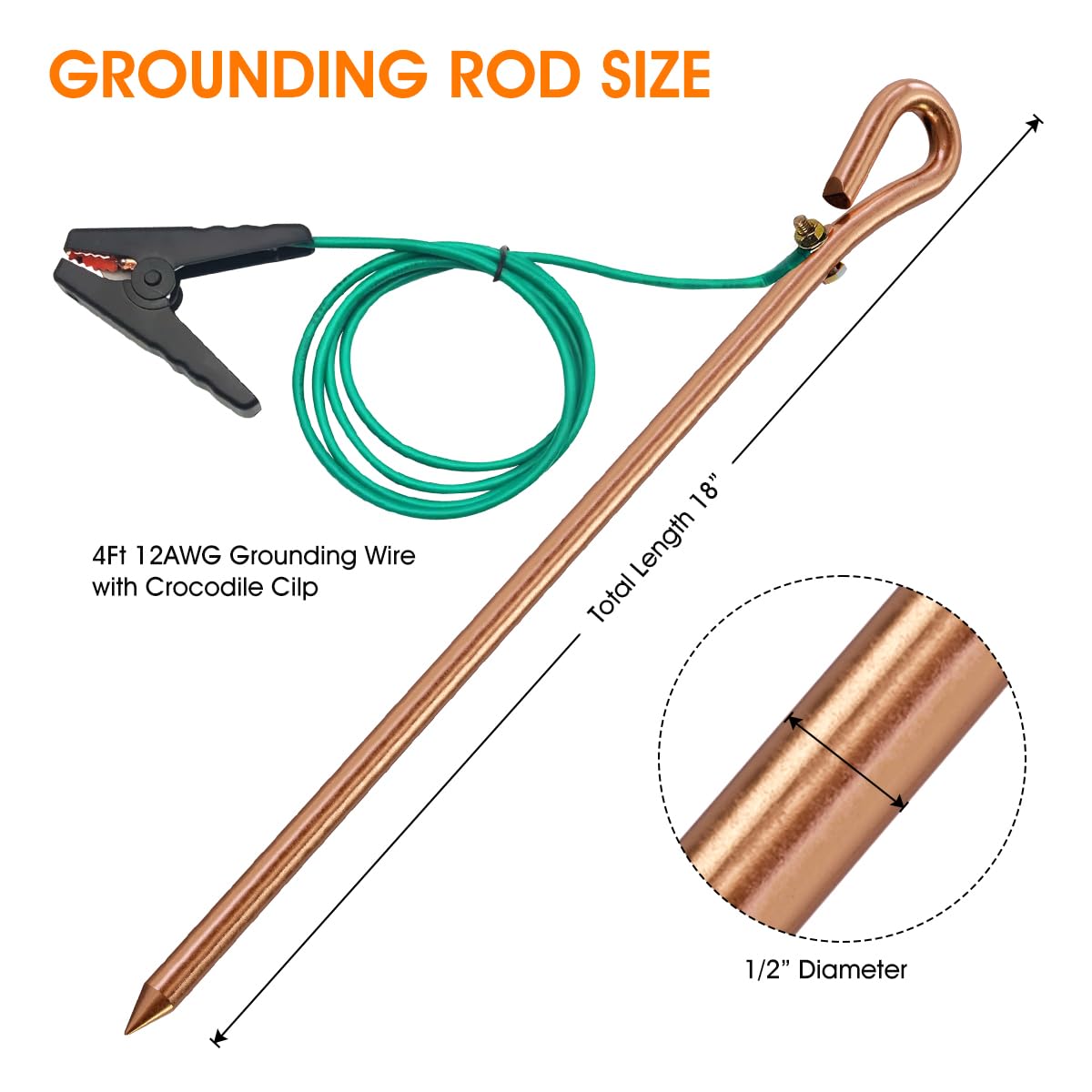 Portable Grounding Rod With 4ft 12AWG UL Listed Grounding Wire With ...