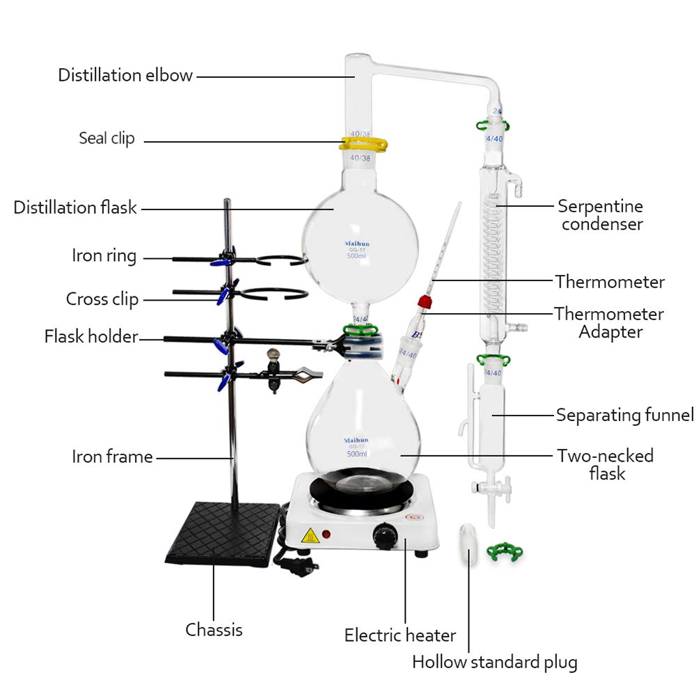 500ml Lab Essential Oil Distillation Apparatus Water Distiller Purifier ...