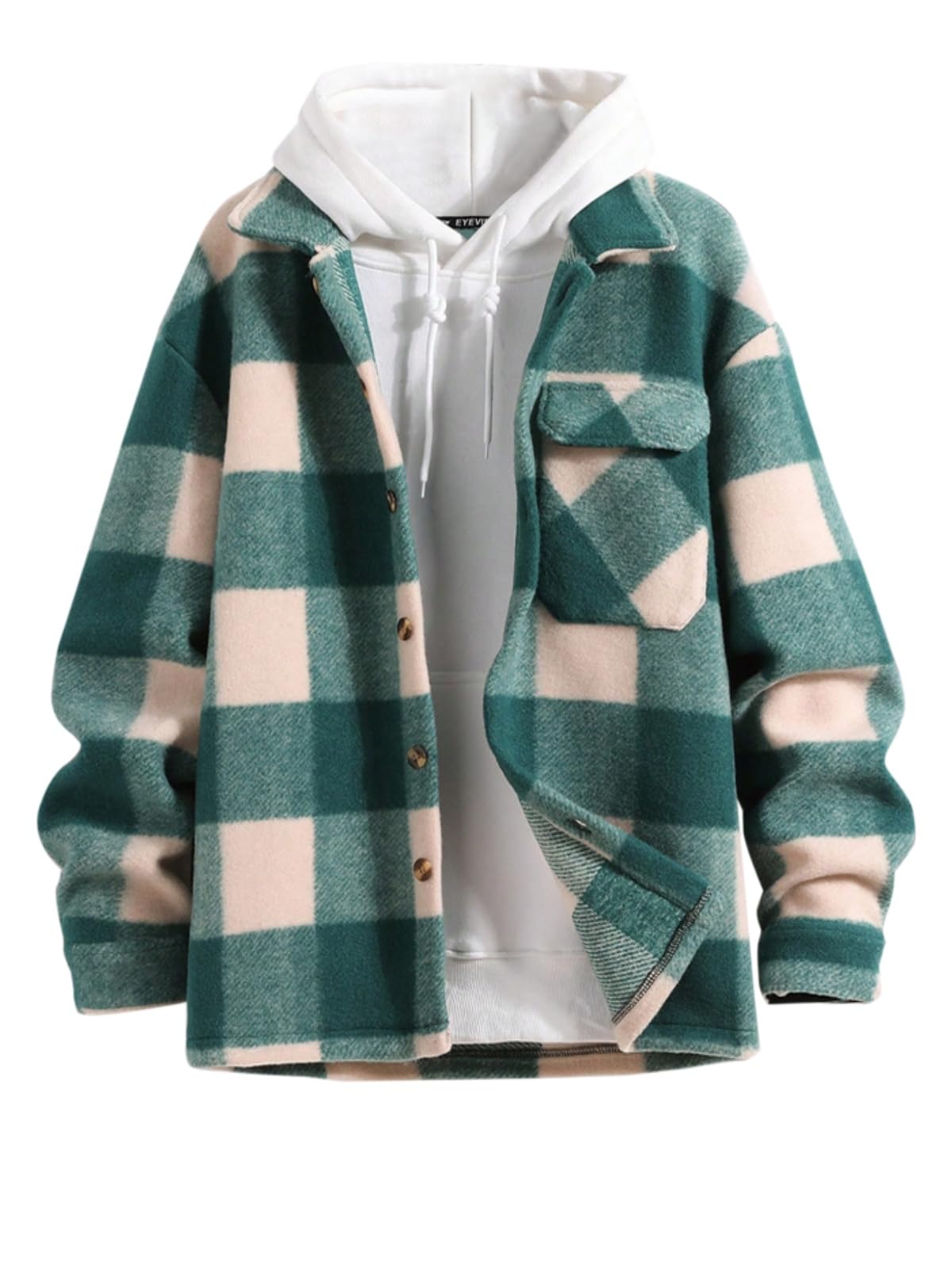 ZAFUL Men's Checked Plaid Color Block Flap Pocket Woolen Turn Down ...