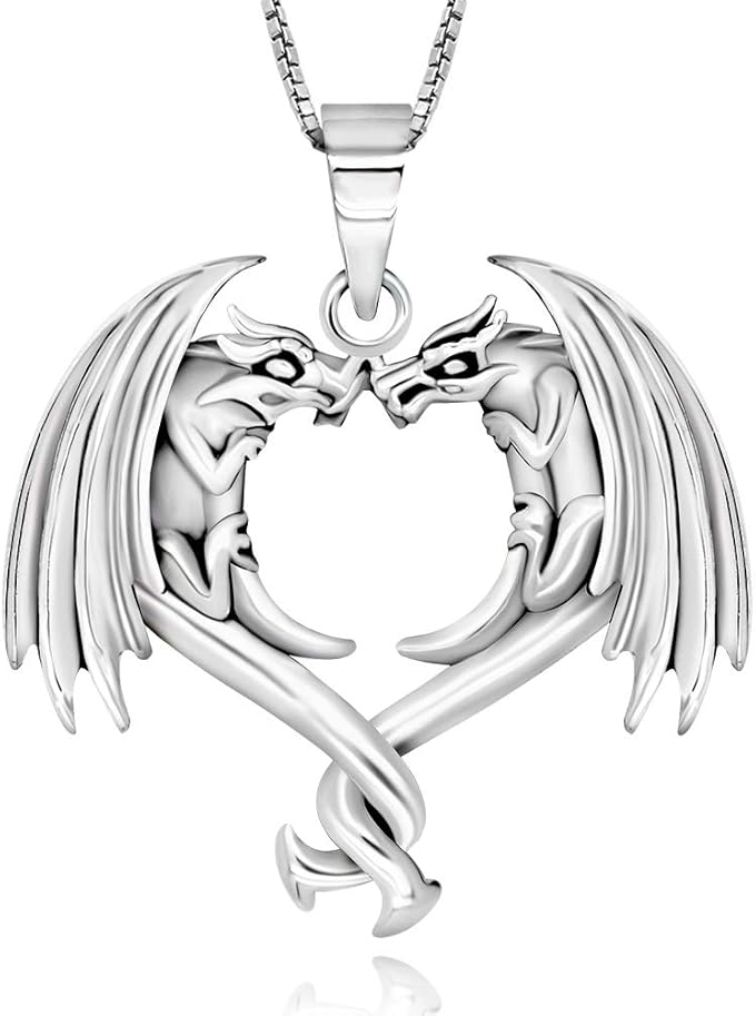 925 Sterling Silver Double Fantasy Dragon Heart Pendant Necklace, 18 ...
