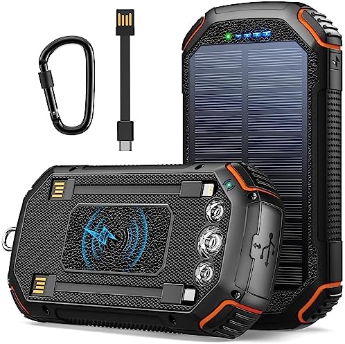Solar Power Bank 36000mAh,Solar Charger Wireless Built in 3 Cables IPX5 ...