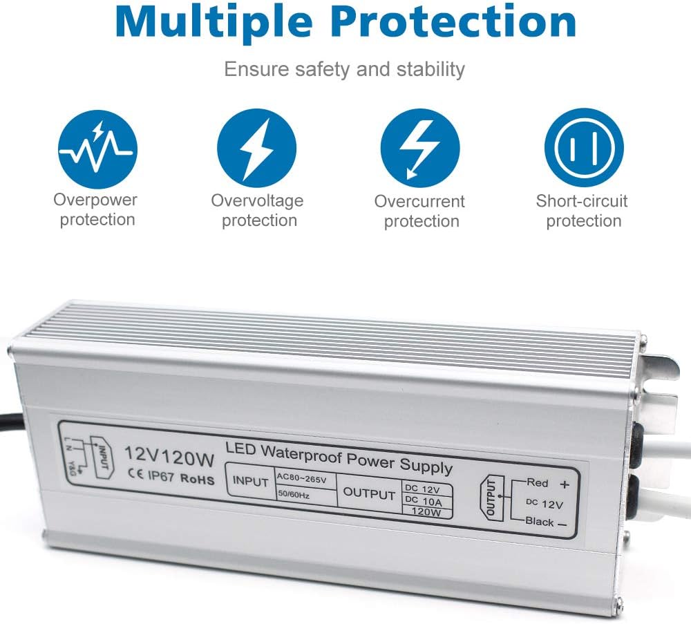 inShareplus LED Power Supply, 12V 120W IP67 Waterproof Outdoor Driver, AC 90-265V to DC 12V 10A ...