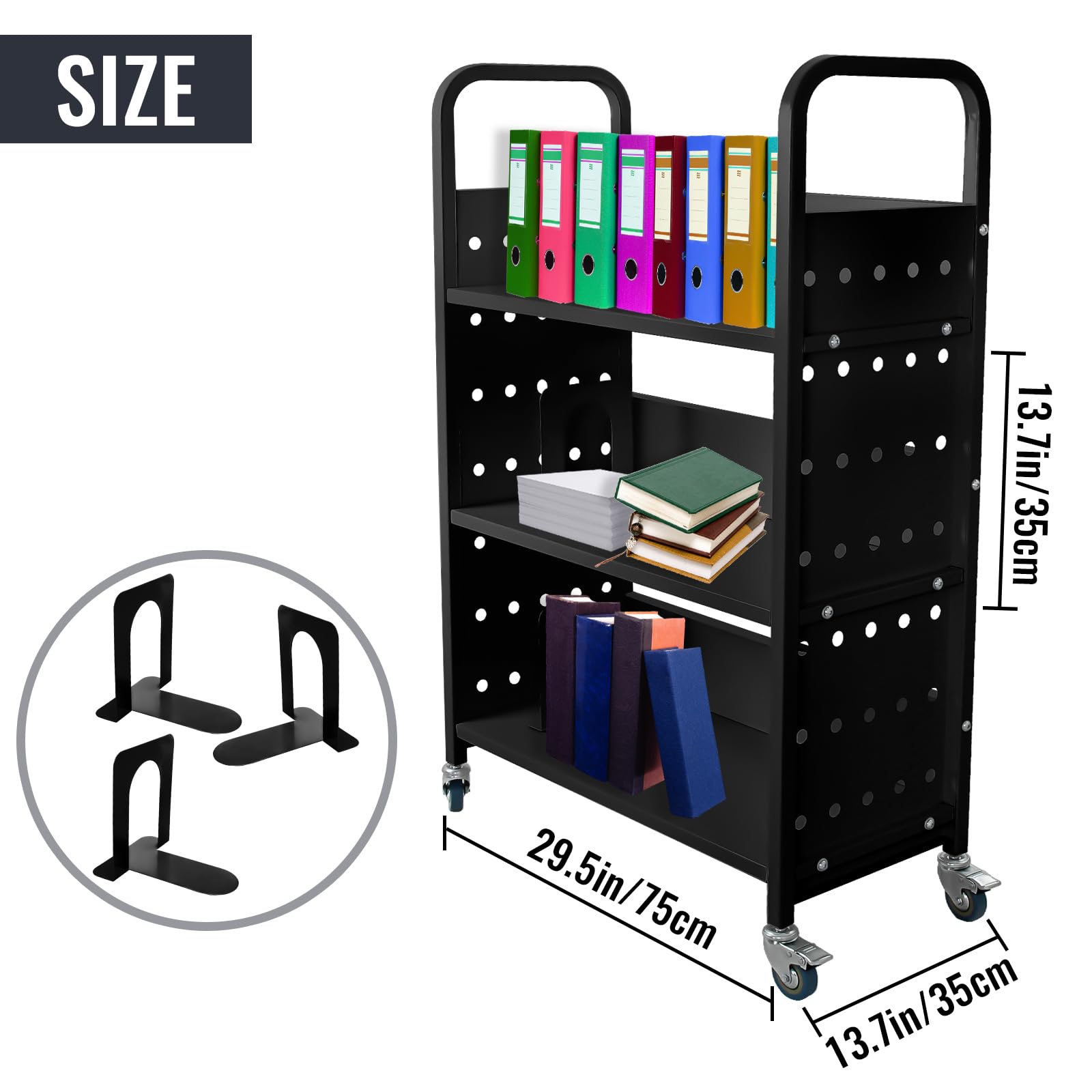 OUKIDR Book Cart, 200LBS 3-Shelf Library Cart, Single Sided V-Shaped ...