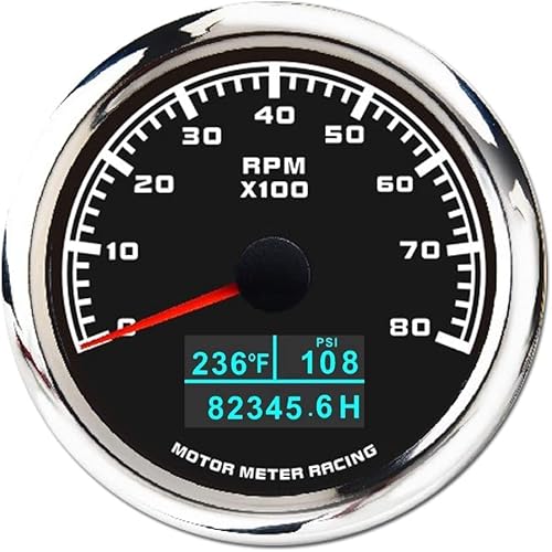 MOTOR METER RACING W Pro 85mm 3-3/8" 4 in 1 Tachometer 8000 RPM Water ...