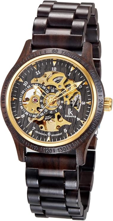 Alienwork Herren mechanische Automatik-Uhr schwarz mit Holz-Armband ...