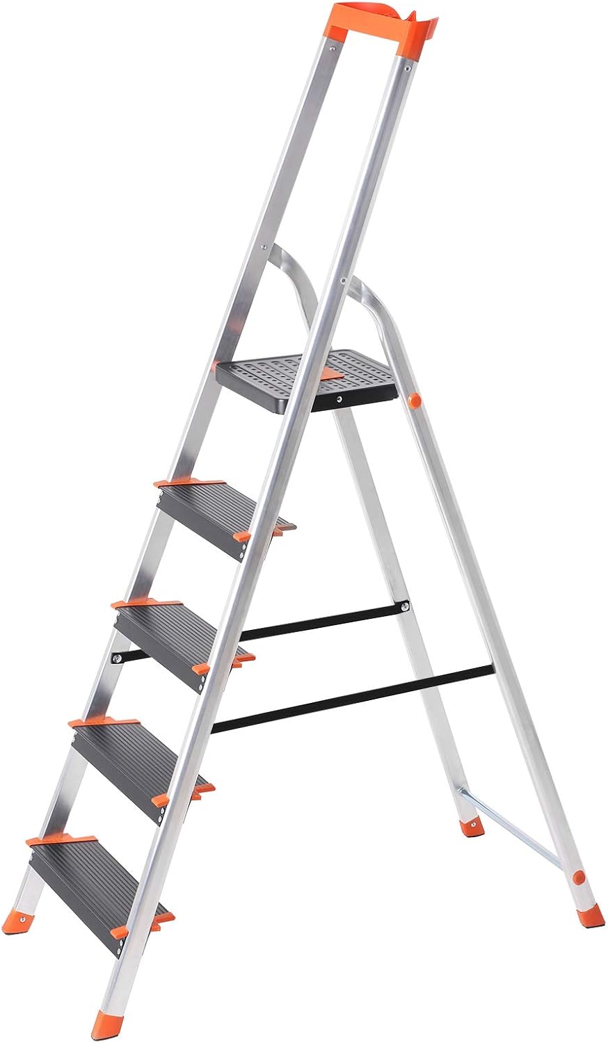 SONGMICS Step Ladder 5 Steps, Aluminium Ladder with 12 cm Wide Steps ...