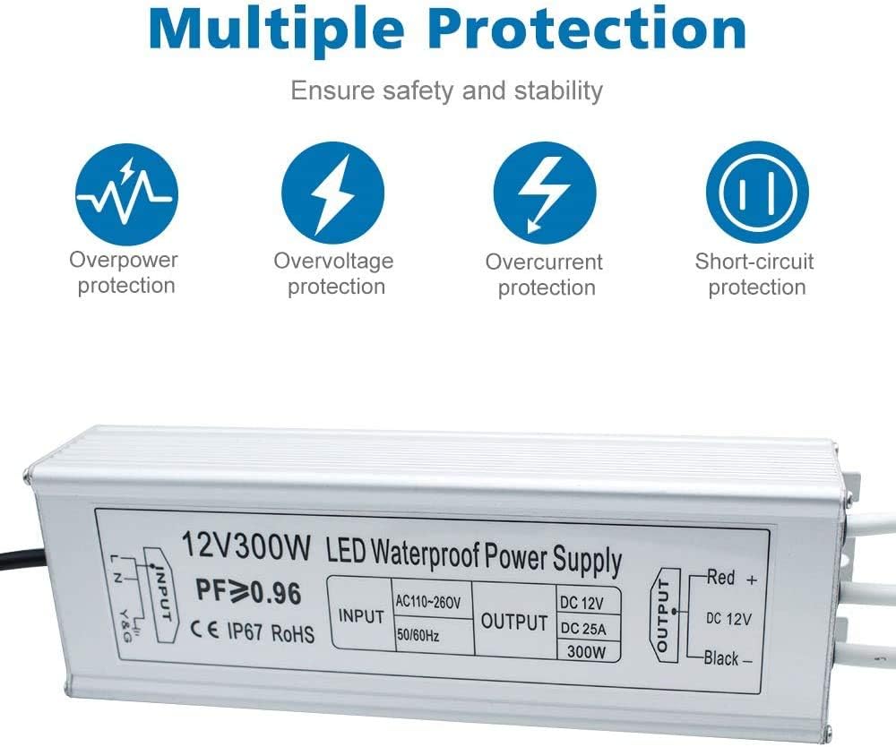 inShareplus LED Driver, 300W IP67 Waterproof Outdoor Power Supply,AC 110-260V to DC 12V 25A Low ...