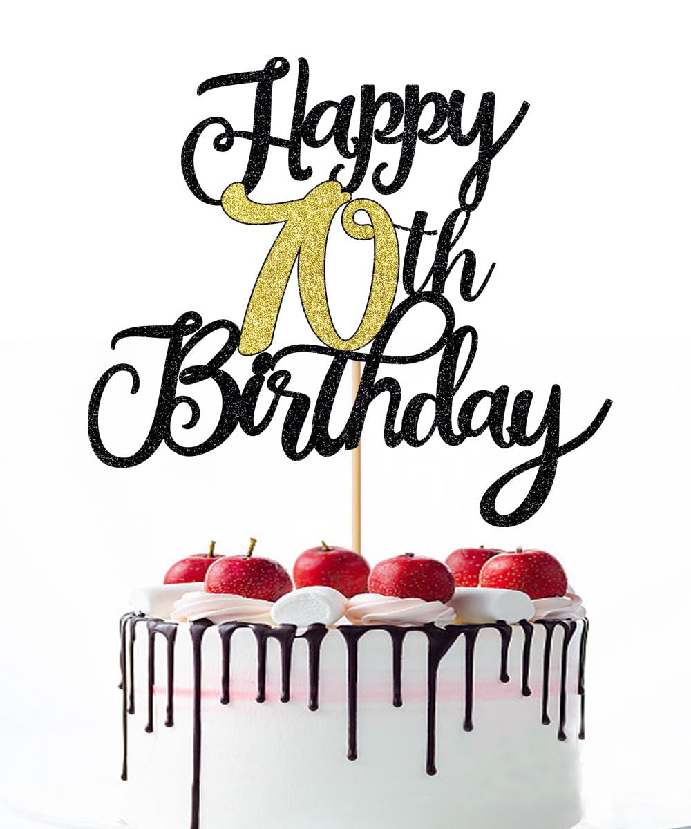 Naicaek Black Gold Glitter Happy 70th Birthday Cake Topper,70th ...
