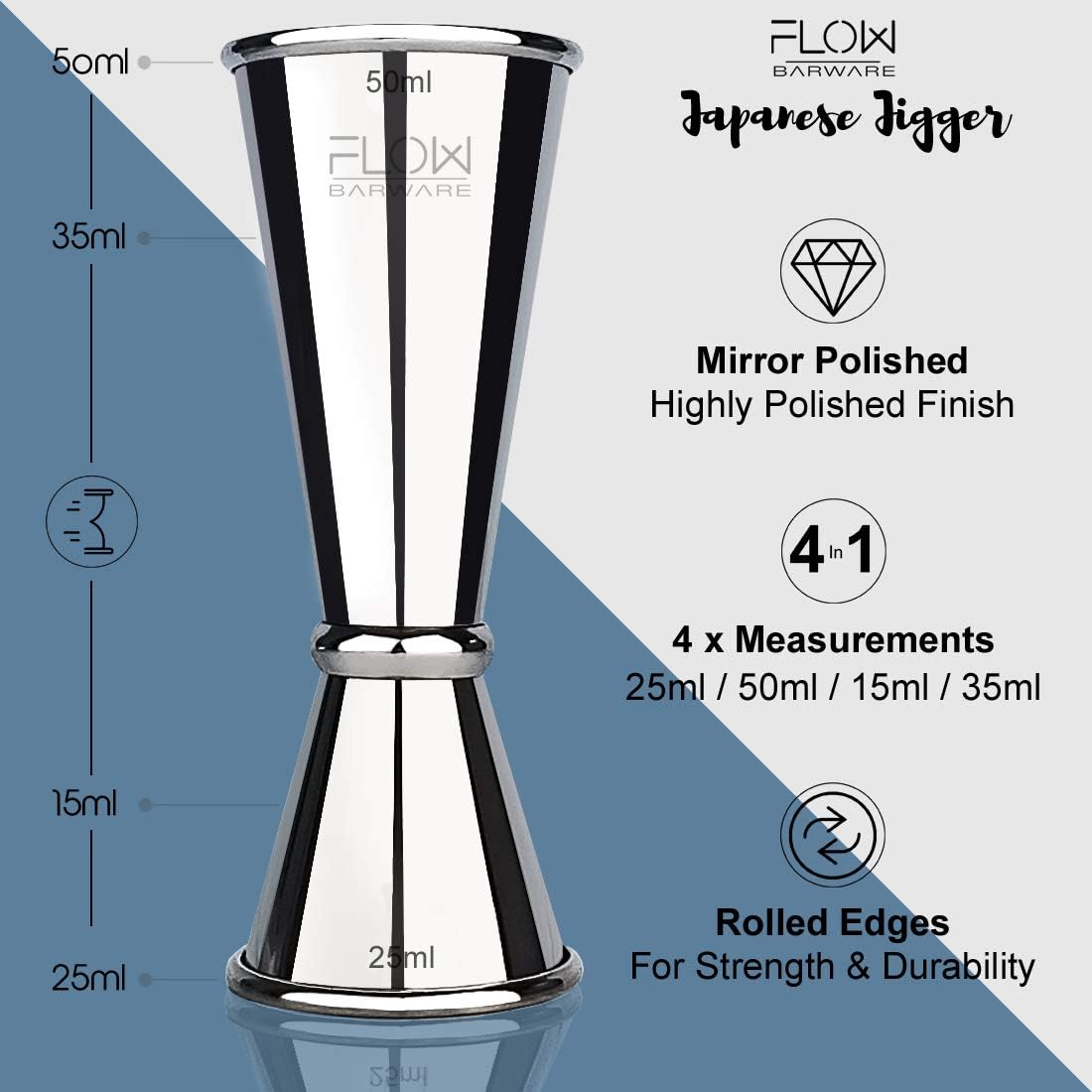 Japanese Jigger Spirit Measures 25ml 50ml Double Cocktail Jigger Shot Measure by Flow Barware ...
