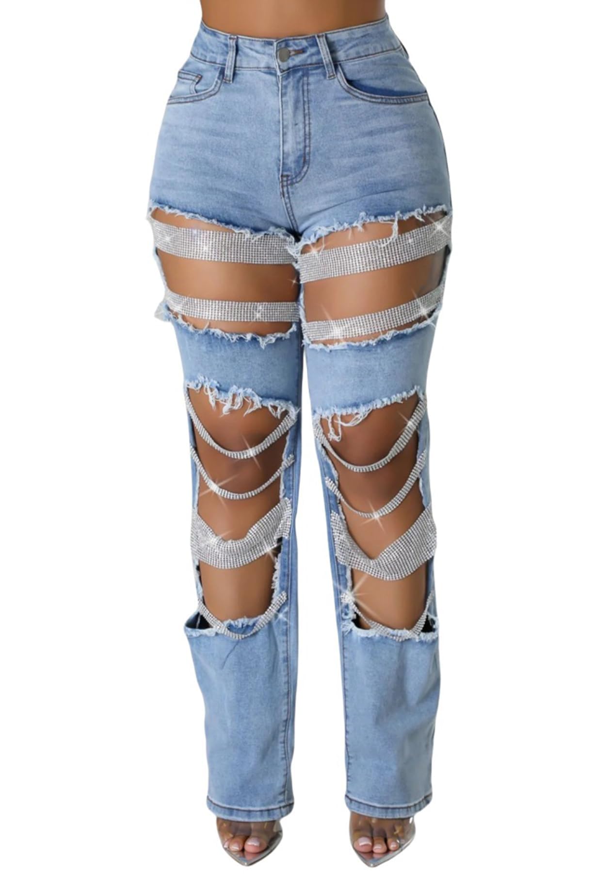 Lucuna Women's Rhinestone Ripped Jeans High Waist Boyfriend Cutout ...