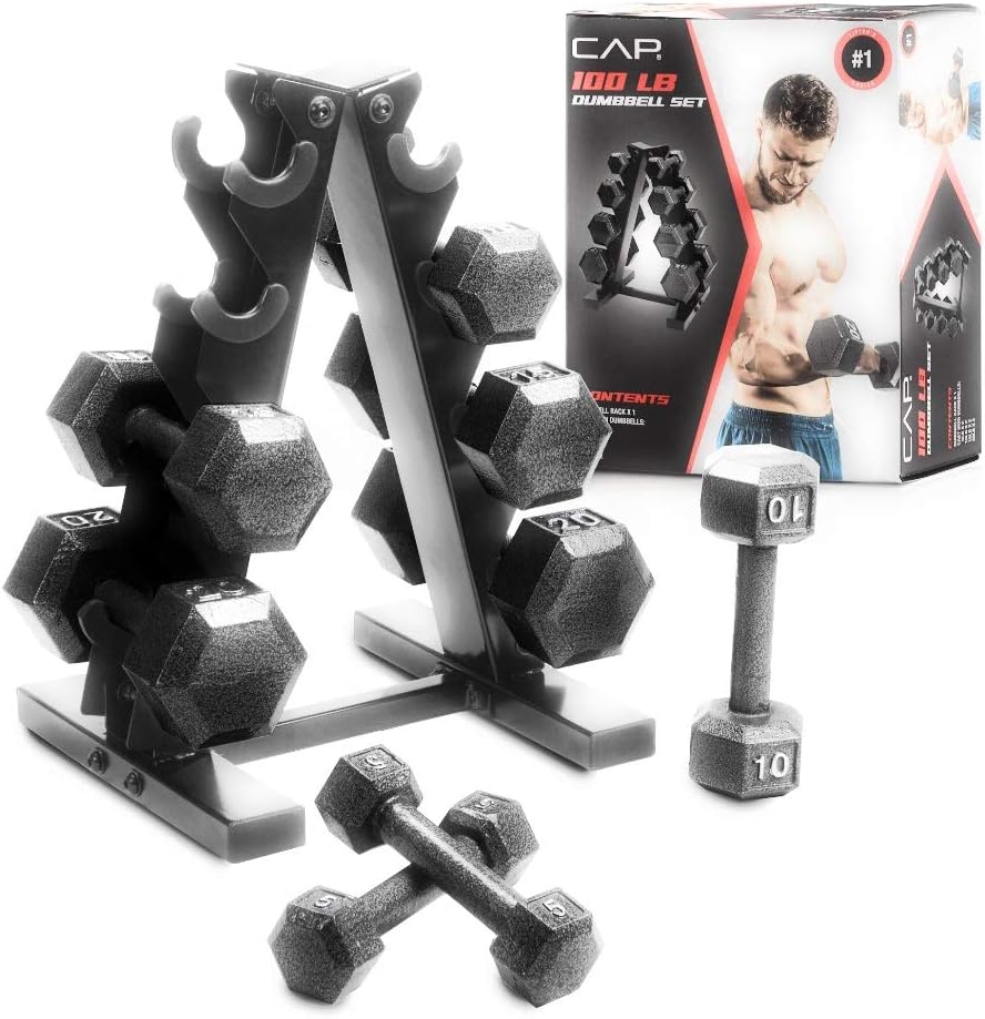 Amazon.com : Cap Barbell Cap Hex Dumbbell Set with Rack 100 LB : Sports ...