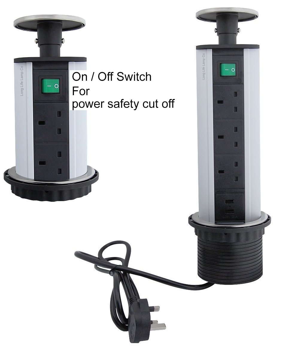 POP UP Power Tower 3 Socket 2 USB with Safety Switch Stainless Steel ...