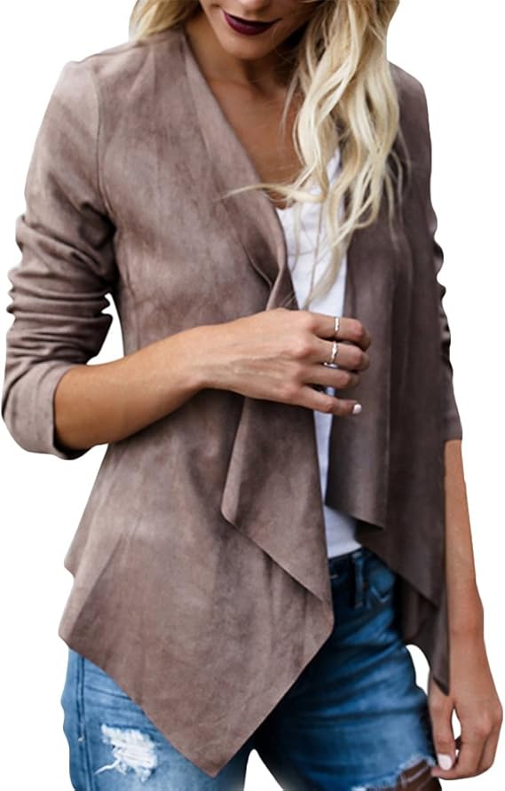 VERYCO Women Faux Suede Leather Jacket Waterfall Drape Lapel Long ...