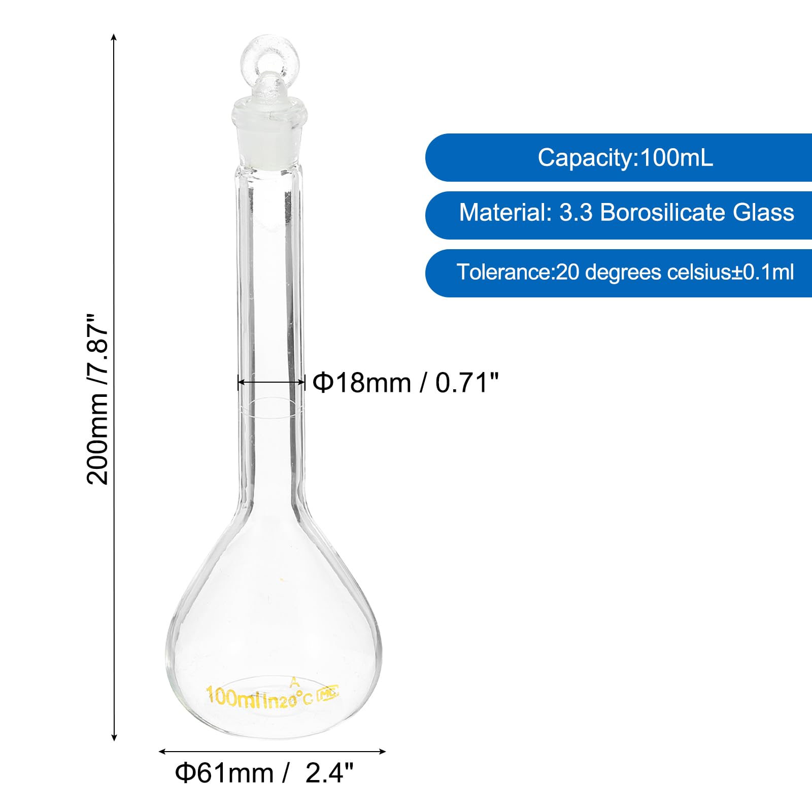 PATIKIL 100ml Volumetric Flask, 3.3 Borosilicate Glass Graduated ...