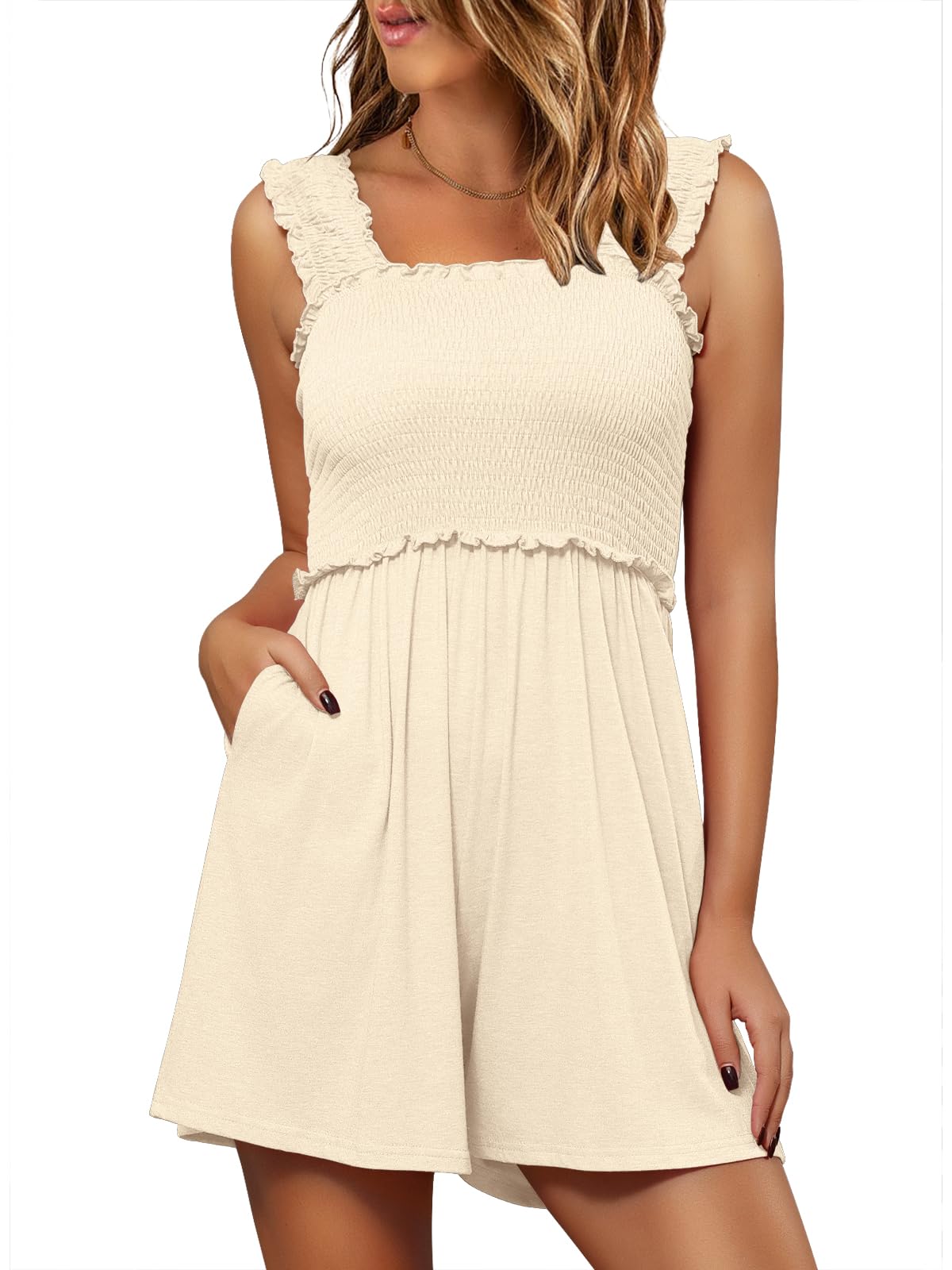 TAKEYAL Summer Rompers For Women Smocked Ruffle Straps Loose Fit Casual ...