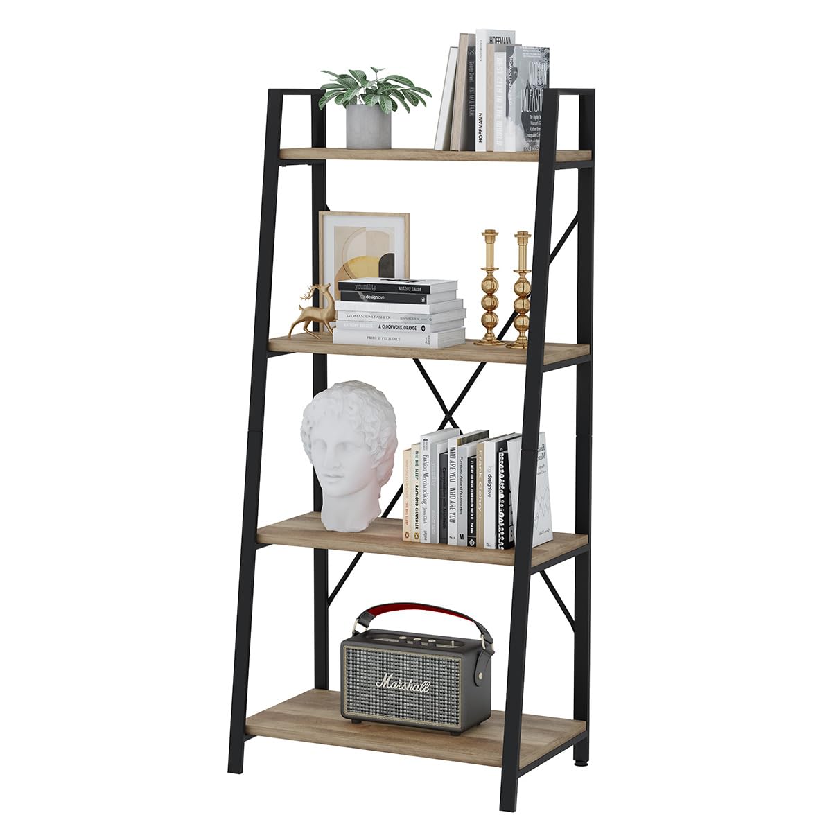 BON AUGURE Farmhouse Ladder Shelf Bookcase, 4 Tier Rustic Ladder ...