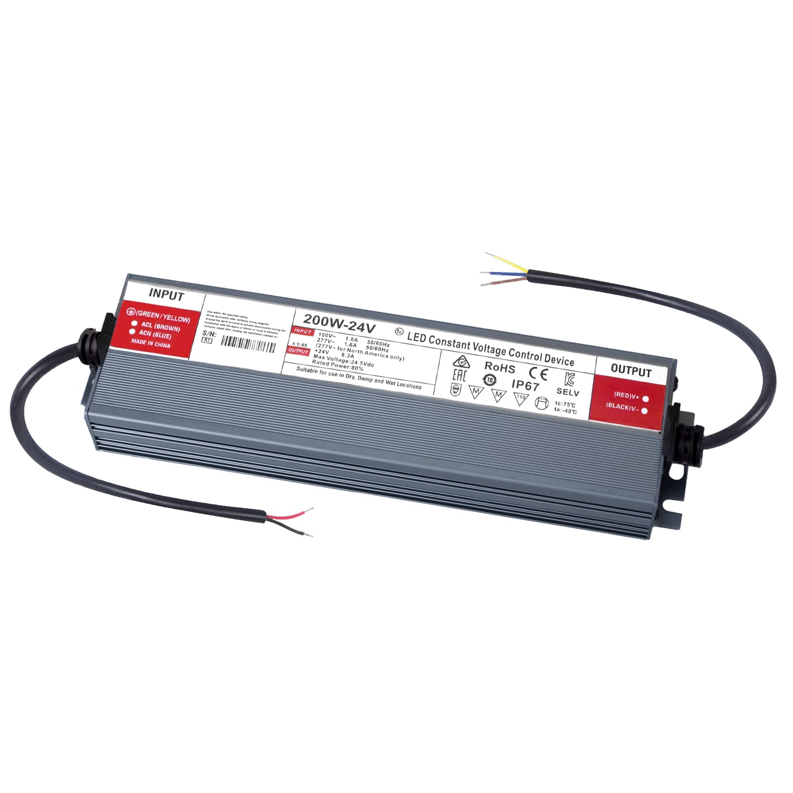 QNNP® LED Driver 200 Watts 24V DC Low Voltage Transformer Waterproof IP67 Power Supply ...