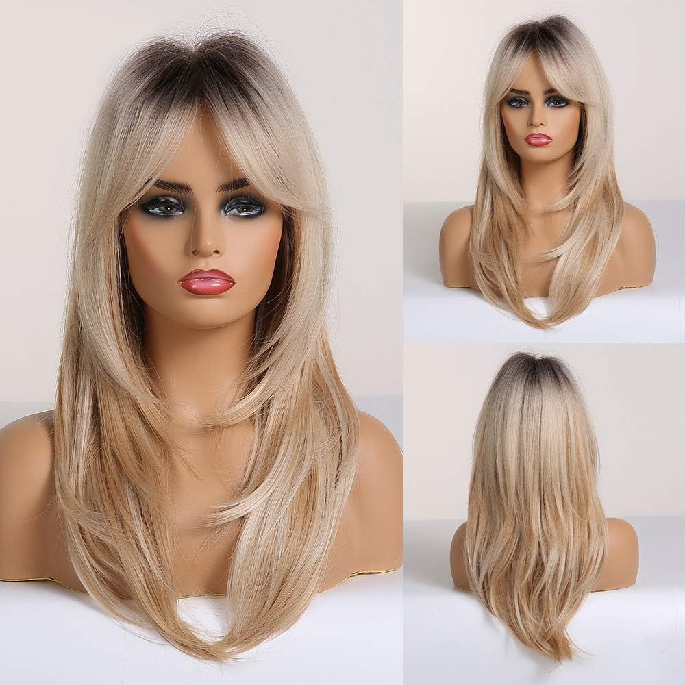 Fovermo Natural Layer Hair Wigs Ombre Blonde Hair Wig for Women Drak ...