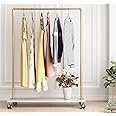 Amazon.com: FONECHIN Gold Metal Clothing Rack with Wood Shelf, Heavy ...