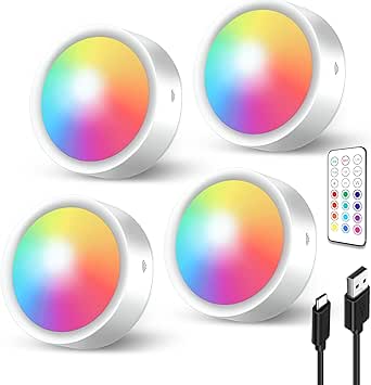 USB Rechargeable Puck Lights with Remote Control, RGB Colored 1000mAh ...