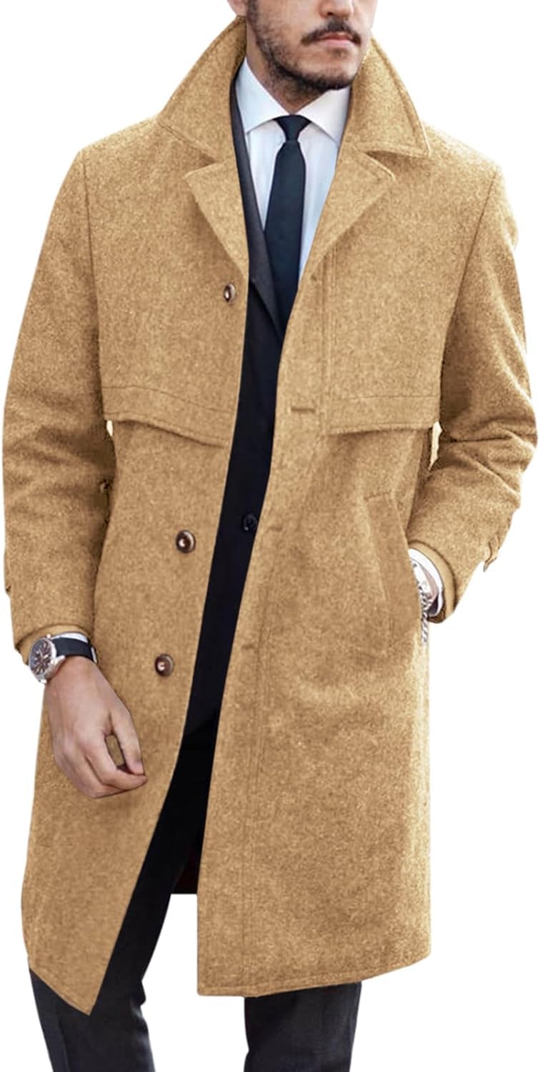 Ebifin Mens Trench Coat Wool Blend Notch Lapel Single Breasted Long Pea ...