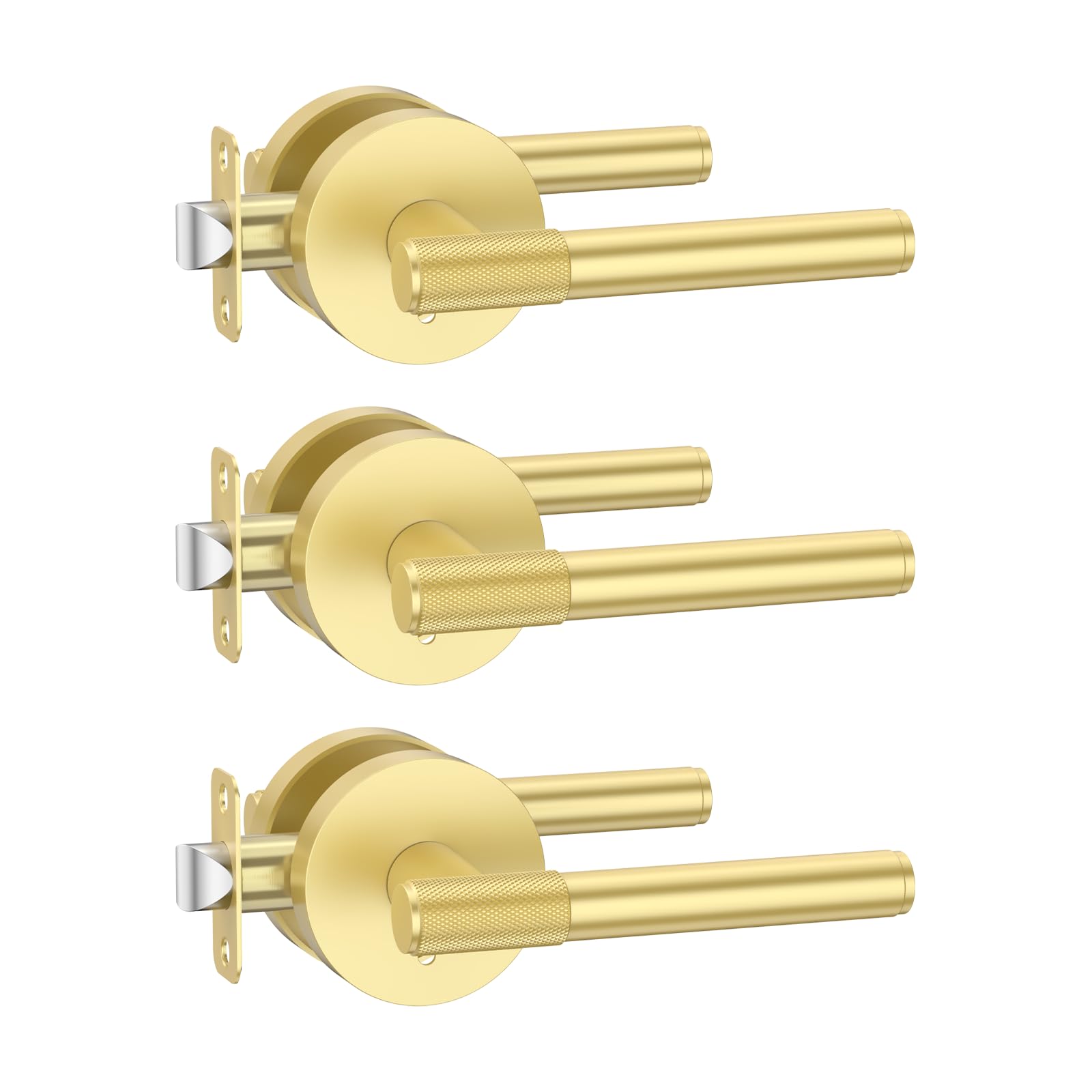 Amerdeco 3 Pack Brushed Gold Door Handles Interior, Knurled Privacy ...