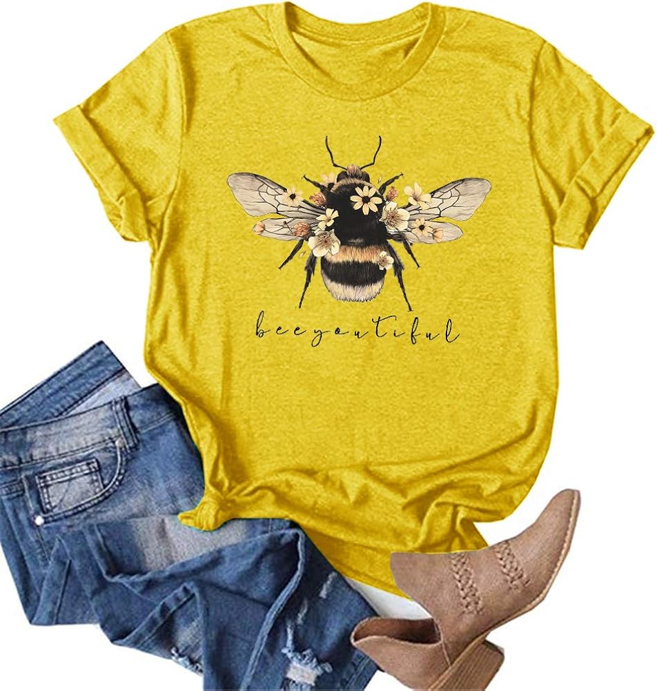 Wudia Women's Vintage Let It Bee Letter Print T Shirts Summer Short ...