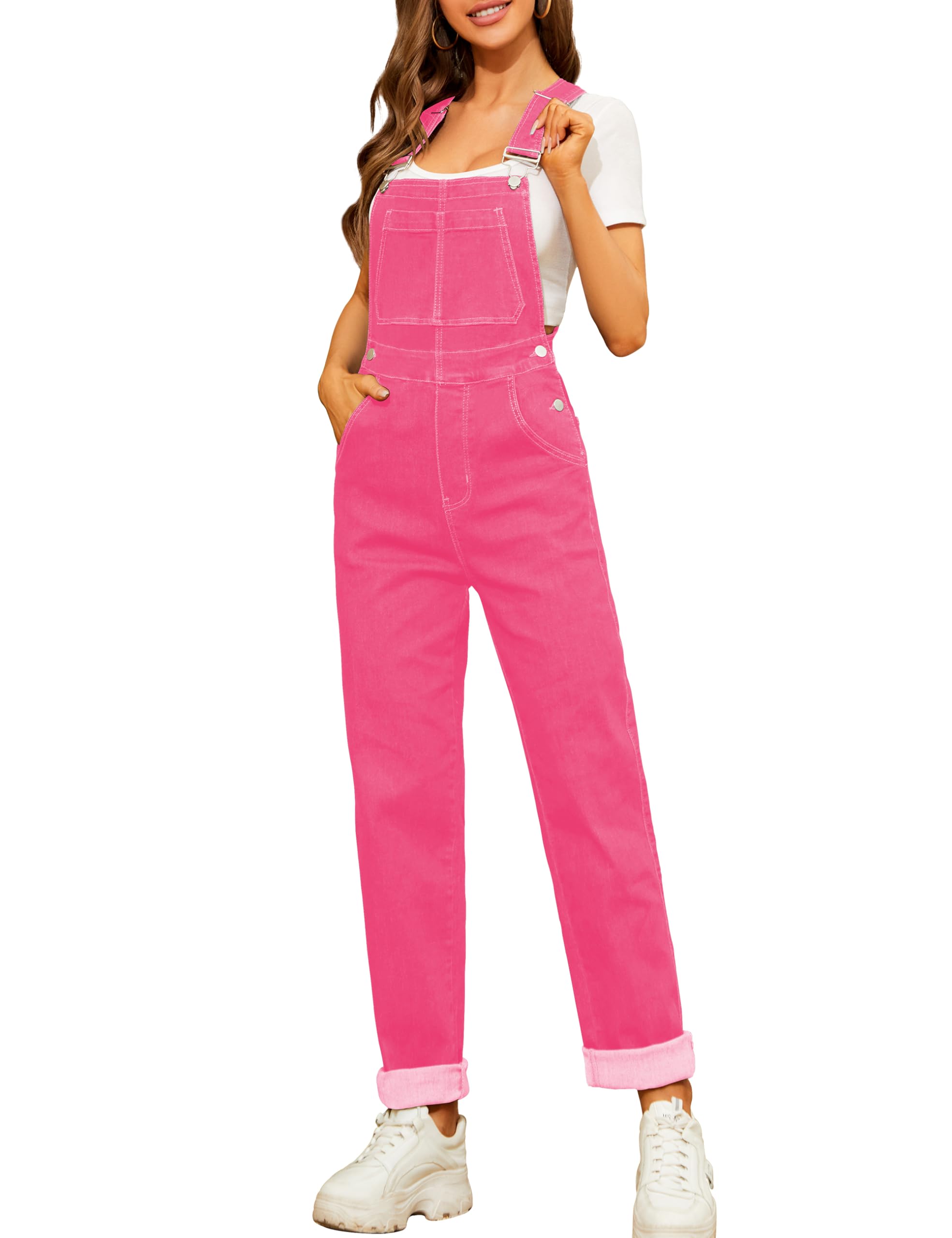 Odefou Pink Overalls for Women Denim Jumpsuit Romper Loose Fit Pants ...