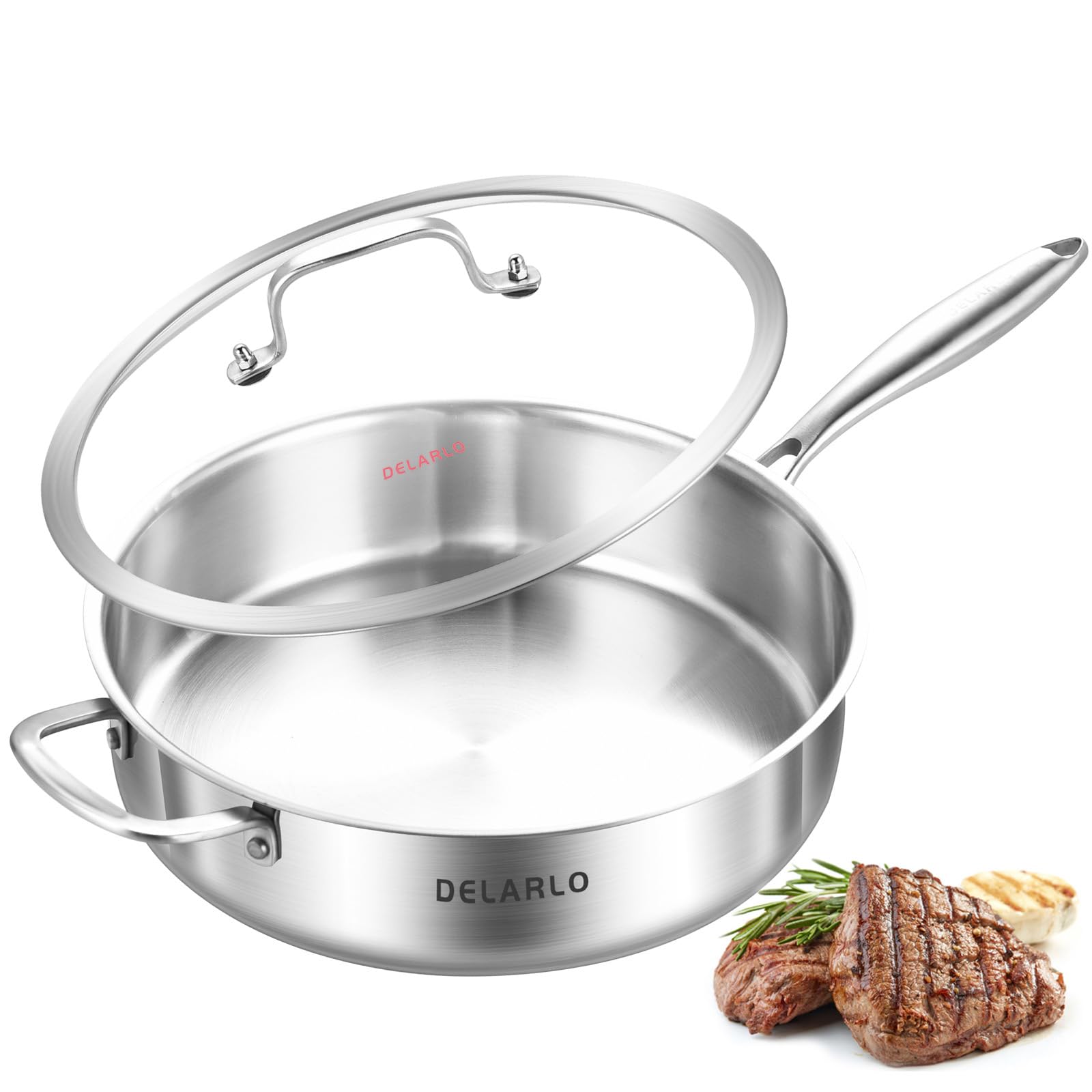 DELARLO Tri-Ply Stainless Steel Saute Pan With Lid 5.5QT,12.3Inch Deep ...