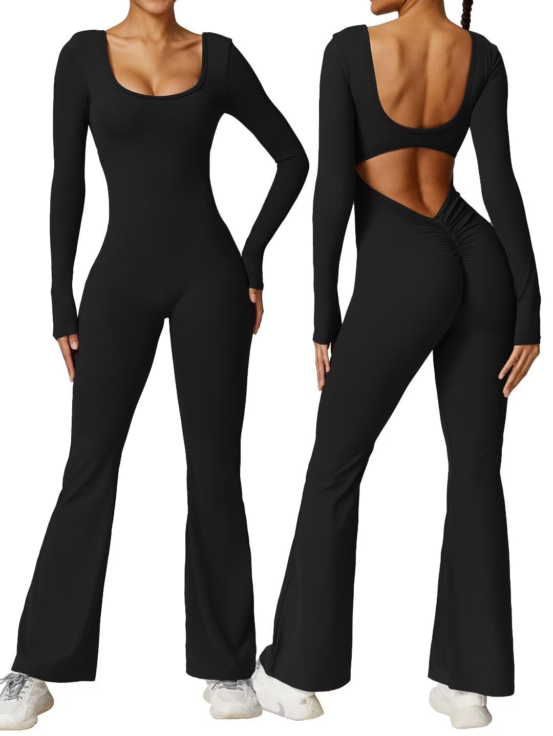 Vertvie Women Flare Jumpsuits Long Sleeve Sexy Backless Padded Bodycon ...